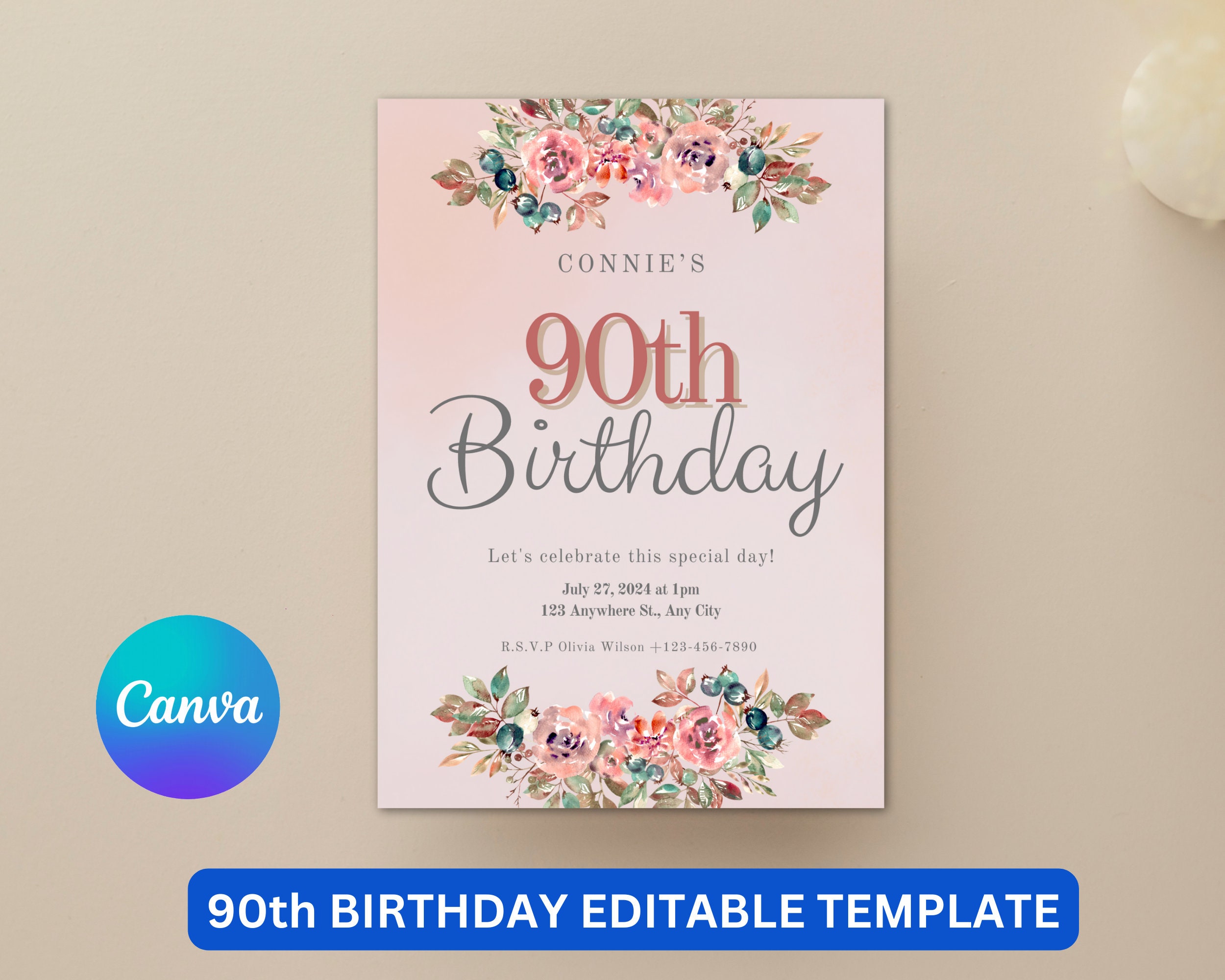 90th Birthday Invitation, Turning 90 Years Old, Editable Canva Template ...