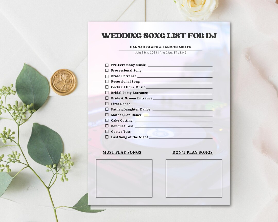 Printable Wedding Music List, Editable Canva Template, Wedding Song ...