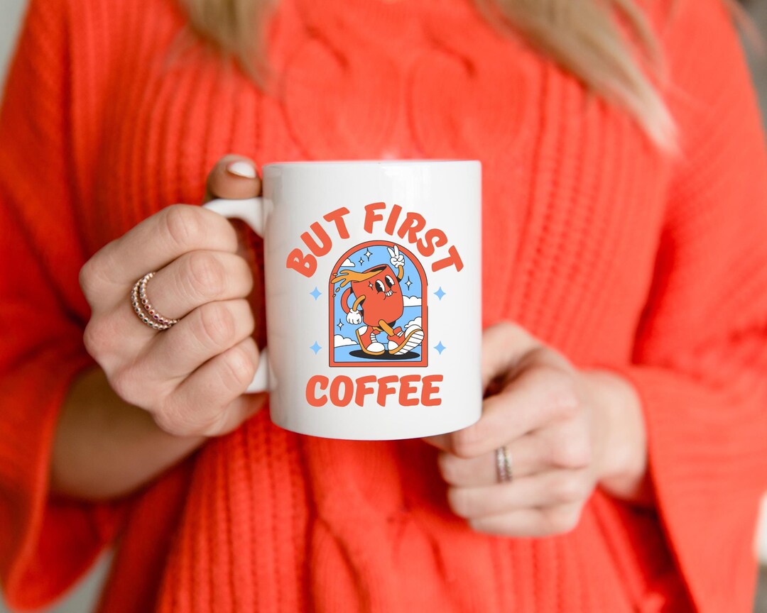 But First Coffee Retro Cartoon Coffee Mug, Vintage Coffee Mug ...
