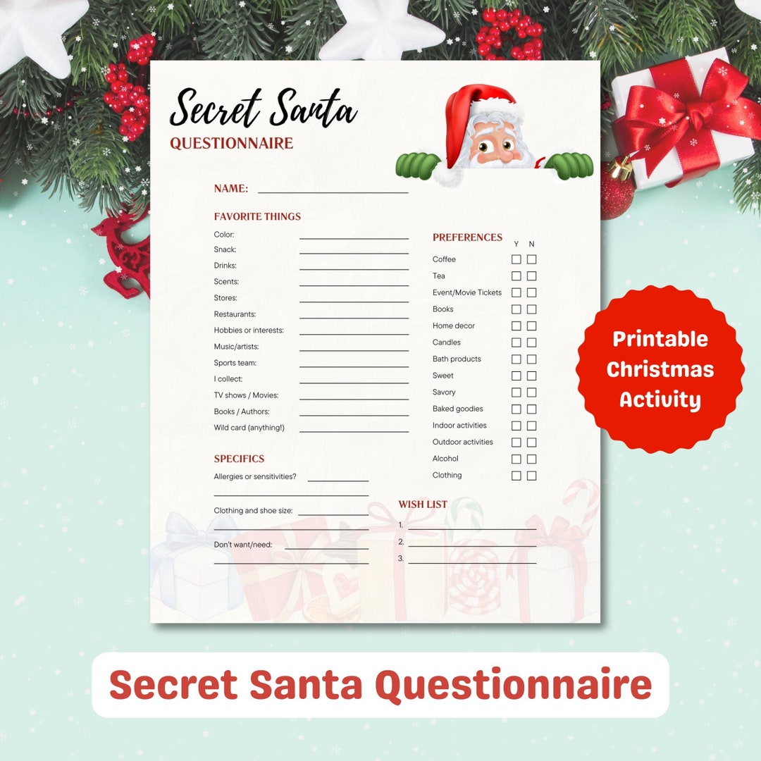 Printable Secret Santa Questionnaire, Christmas Printable, Favorite ...