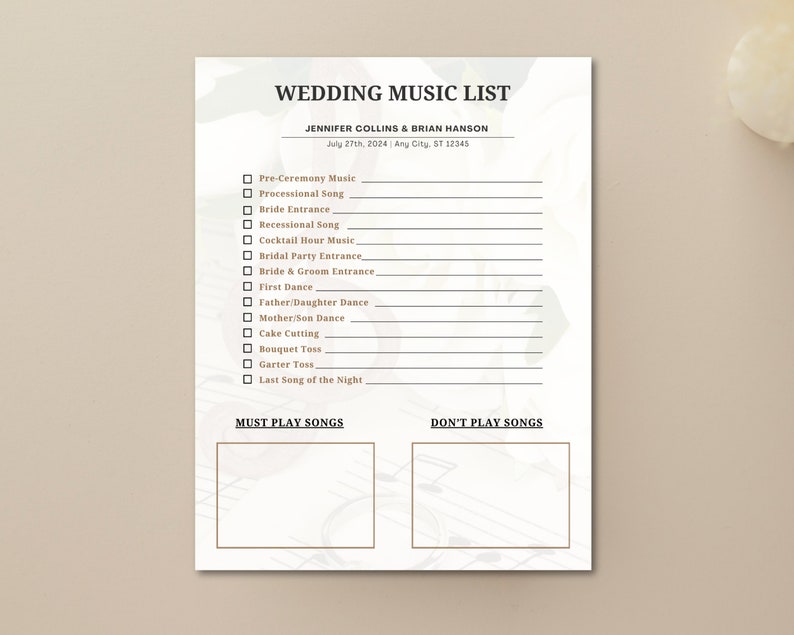 Printable Wedding Music List, Editable Canva Template, Wedding Song ...