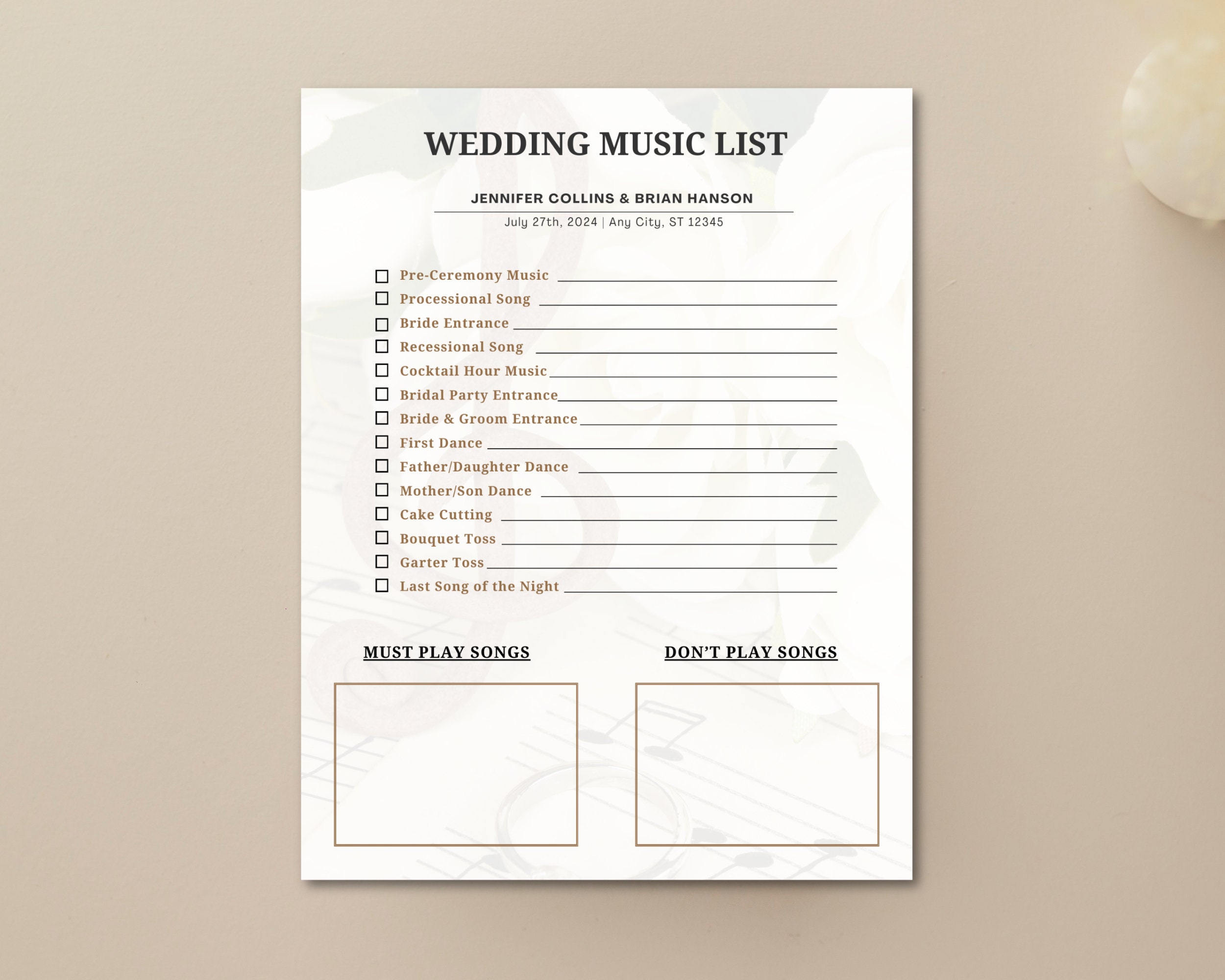Printable Wedding Music List, Editable Canva Template, Wedding Song ...