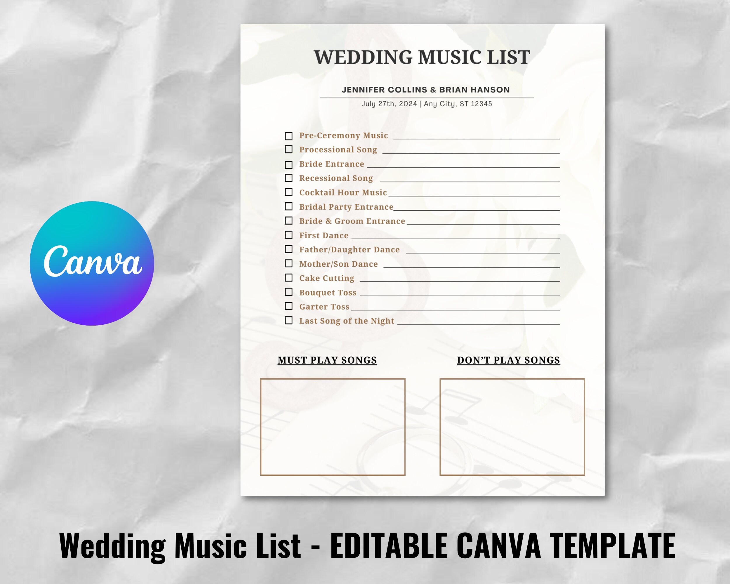 Printable Wedding Music List, Editable Canva Template, Wedding Song ...