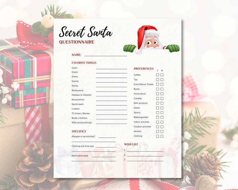 Printable Secret Santa Questionnaire, Christmas Printable, Favorite ...