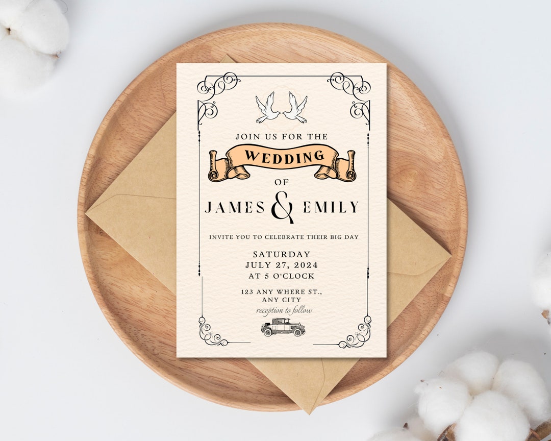 Vintage Wedding Invitation, Editable Canva Template, Digital Save the ...
