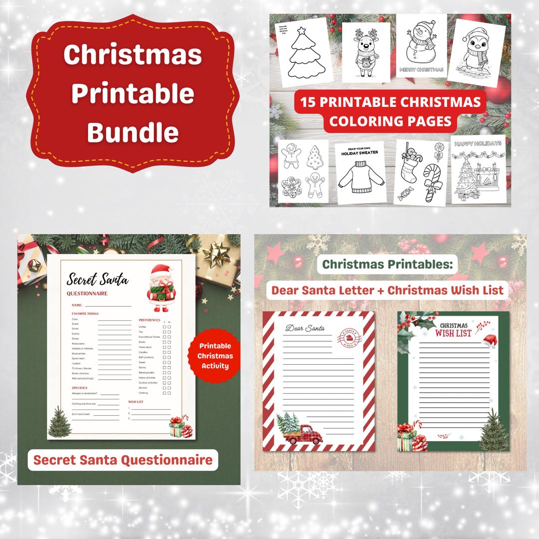 Christmas Printable Bundle, Secret Santa Questionnaire, Christmas ...