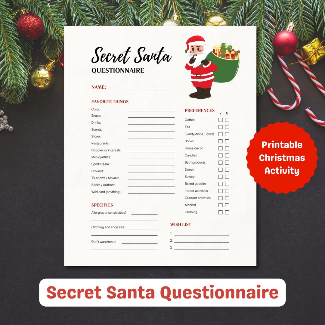 Printable Secret Santa Questionnaire, Christmas Printable, Favorite ...