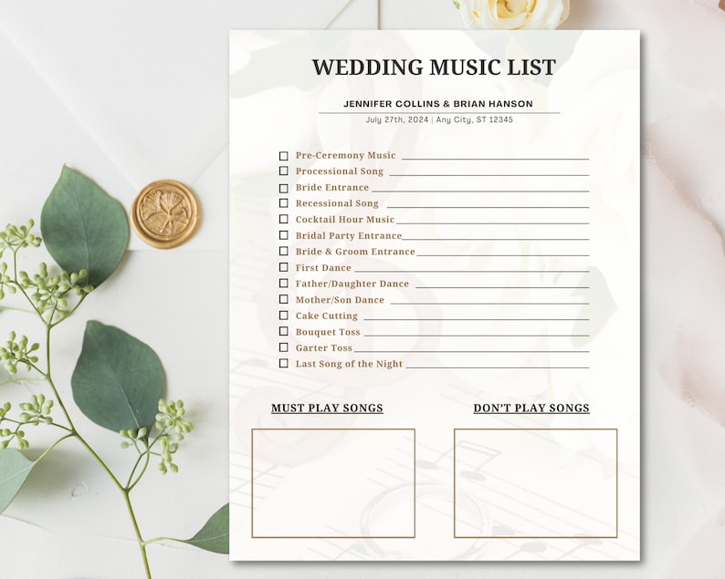 Printable Wedding Music List, Editable Canva Template, Wedding Song ...