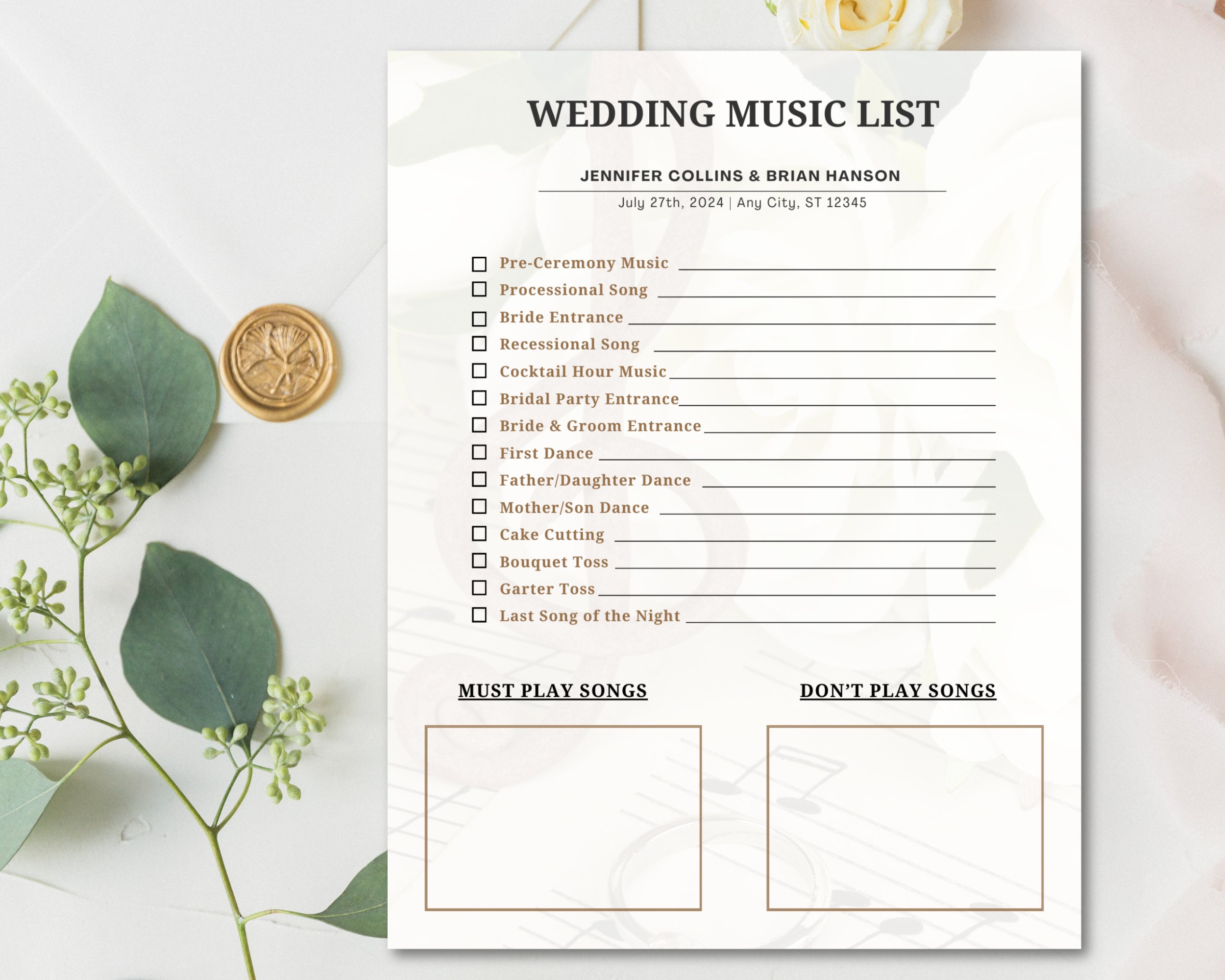 Printable Wedding Music List, Editable Canva Template, Wedding Song ...