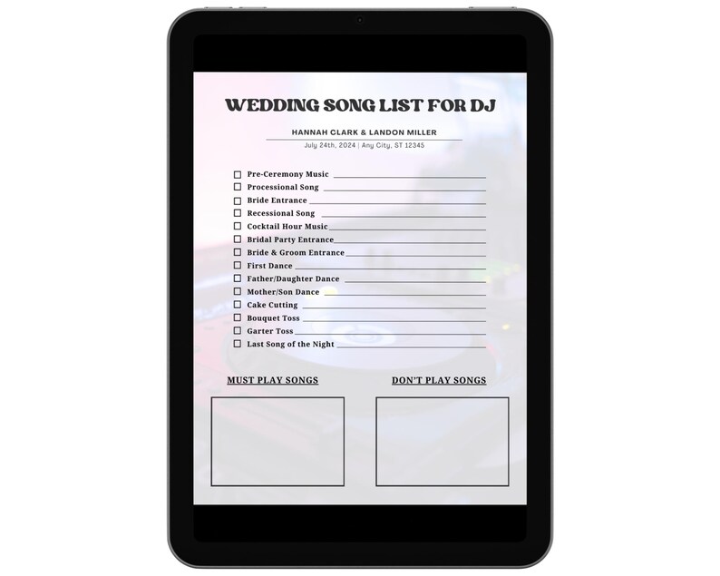 Printable Wedding Music List, Editable Canva Template, Wedding Song ...