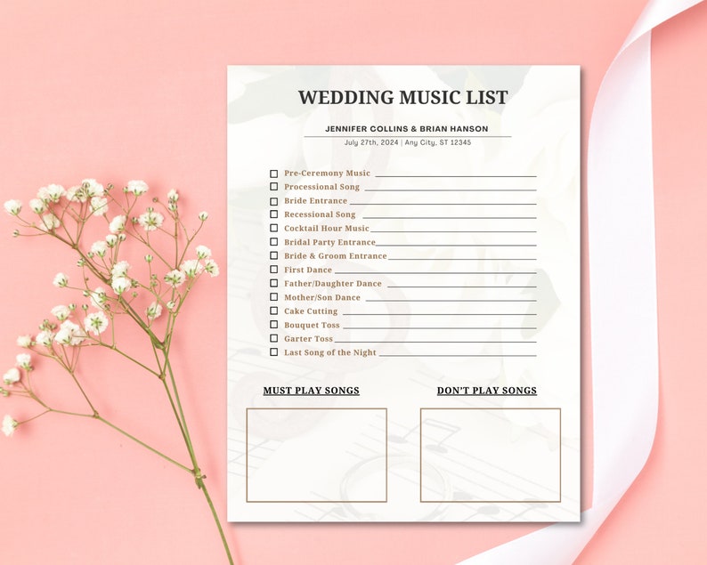 Printable Wedding Music List, Editable Canva Template, Wedding Song ...