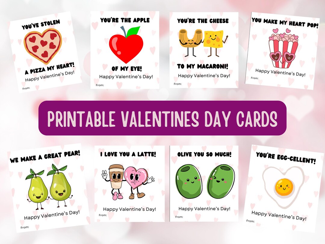 Printable Classroom Valentines Day Cards for Kids, Food Pun Valentines ...