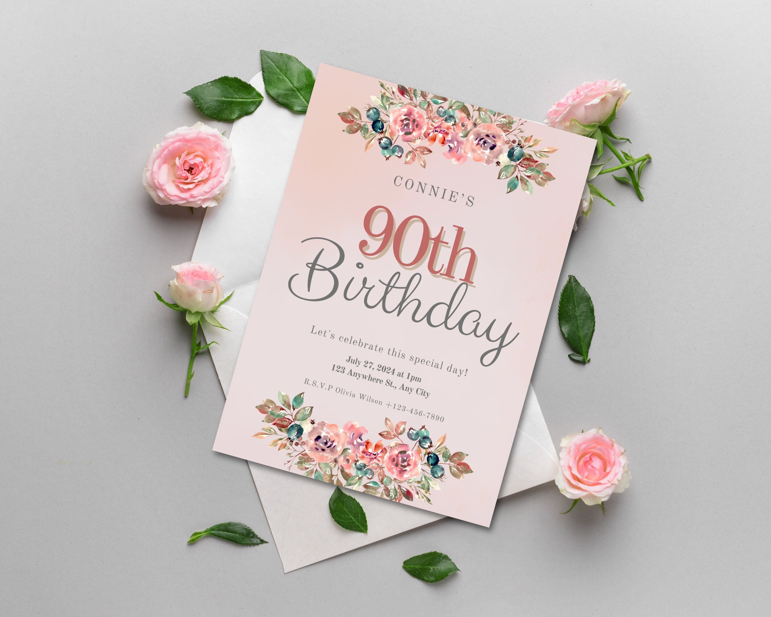 90th Birthday Invitation, Turning 90 Years Old, Editable Canva Template ...