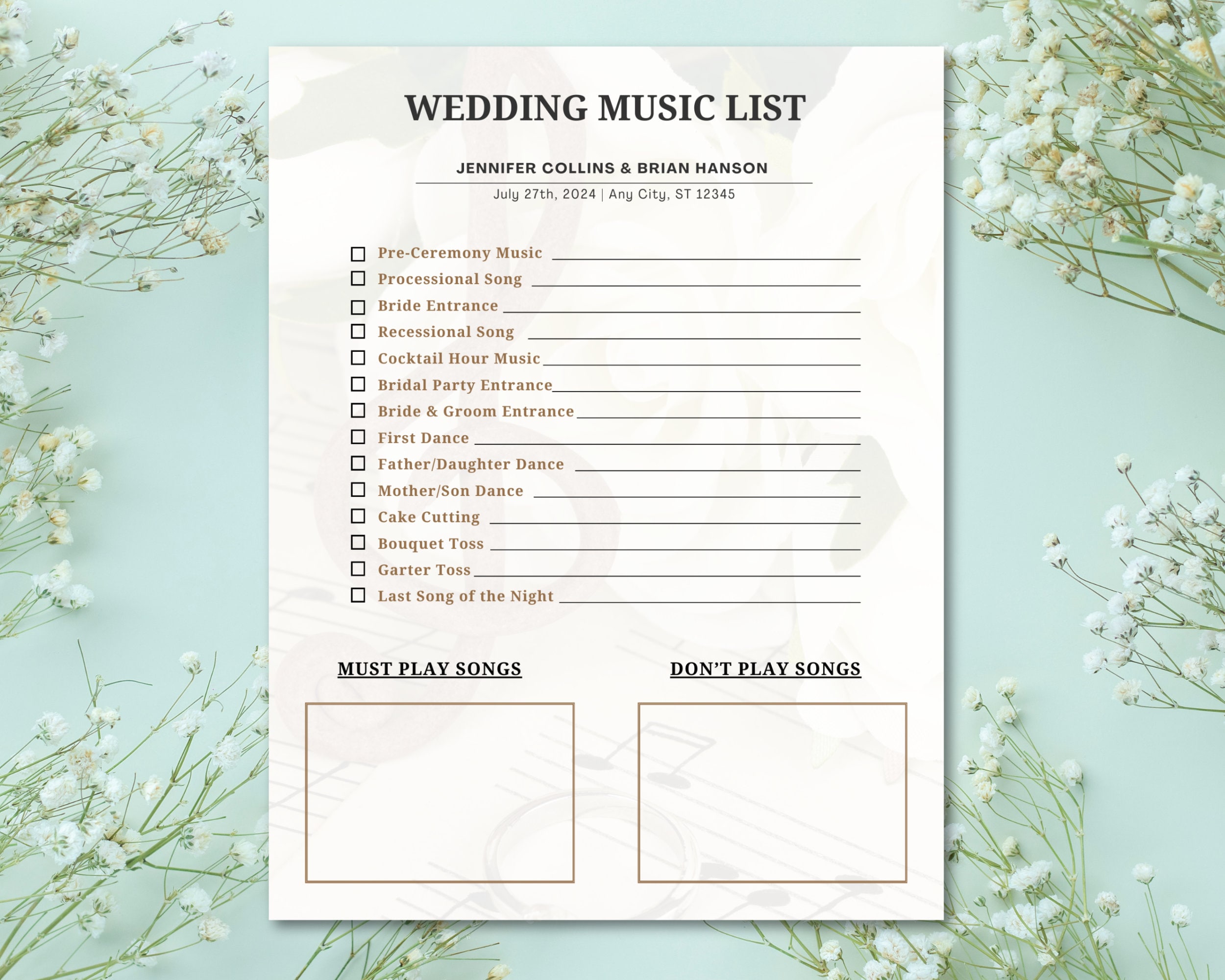 Printable Wedding Music List, Editable Canva Template, Wedding Song ...