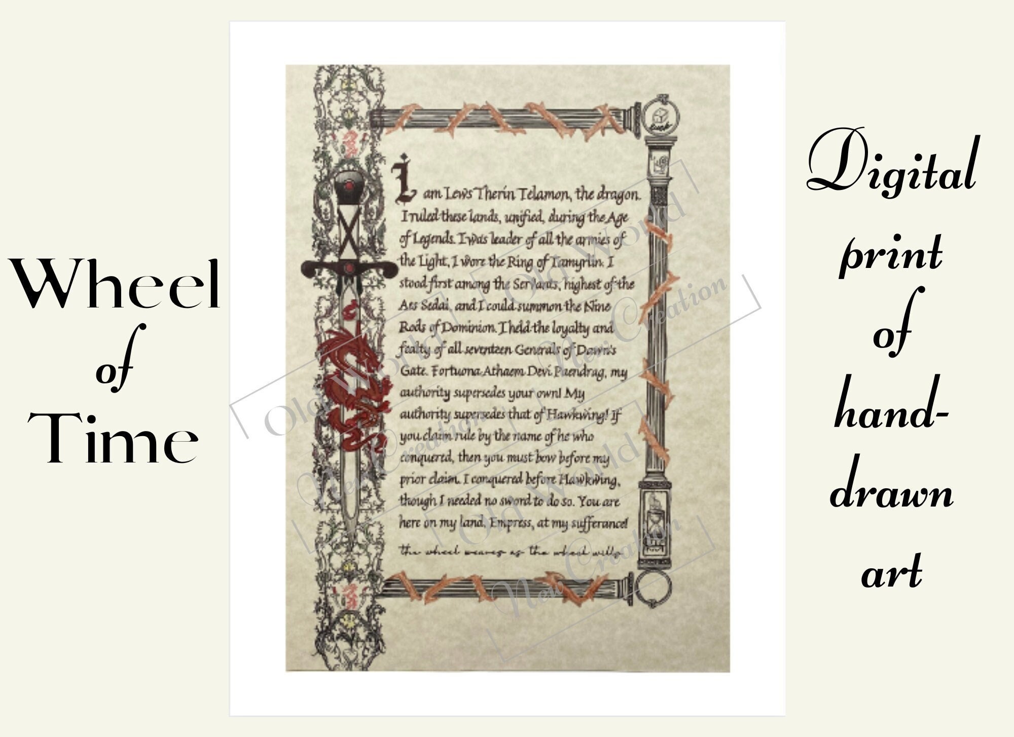 Wheel of Time Hand-drawn Manuscript Digital Printout, WOT, Lews Therin, Wheel Weaves as the ...