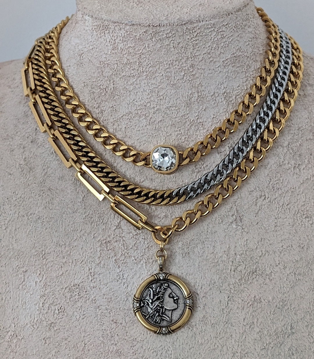 Layered Gold Chain Necklace Set, Chunky Multi Layer Necklace, Ancient ...