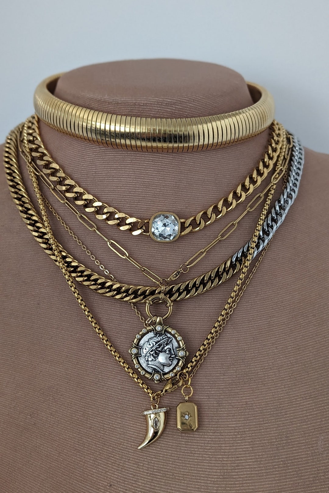 Layered Mixed Chain Necklace Set, Gold Multi Layer Necklace, Mixed ...