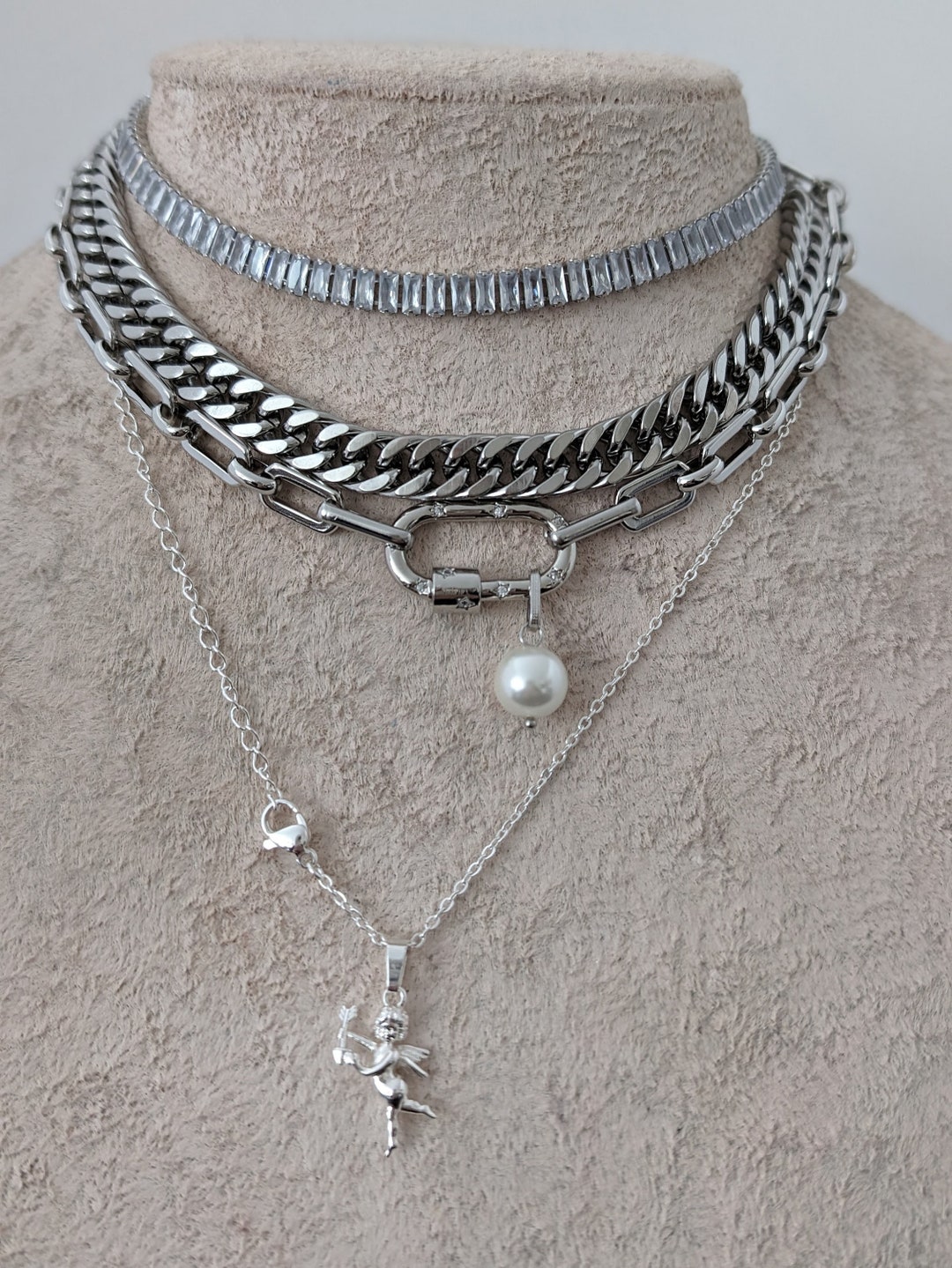 Chunky Layered Silver Chain Necklace Set for Women, Carabiner Clasp ...