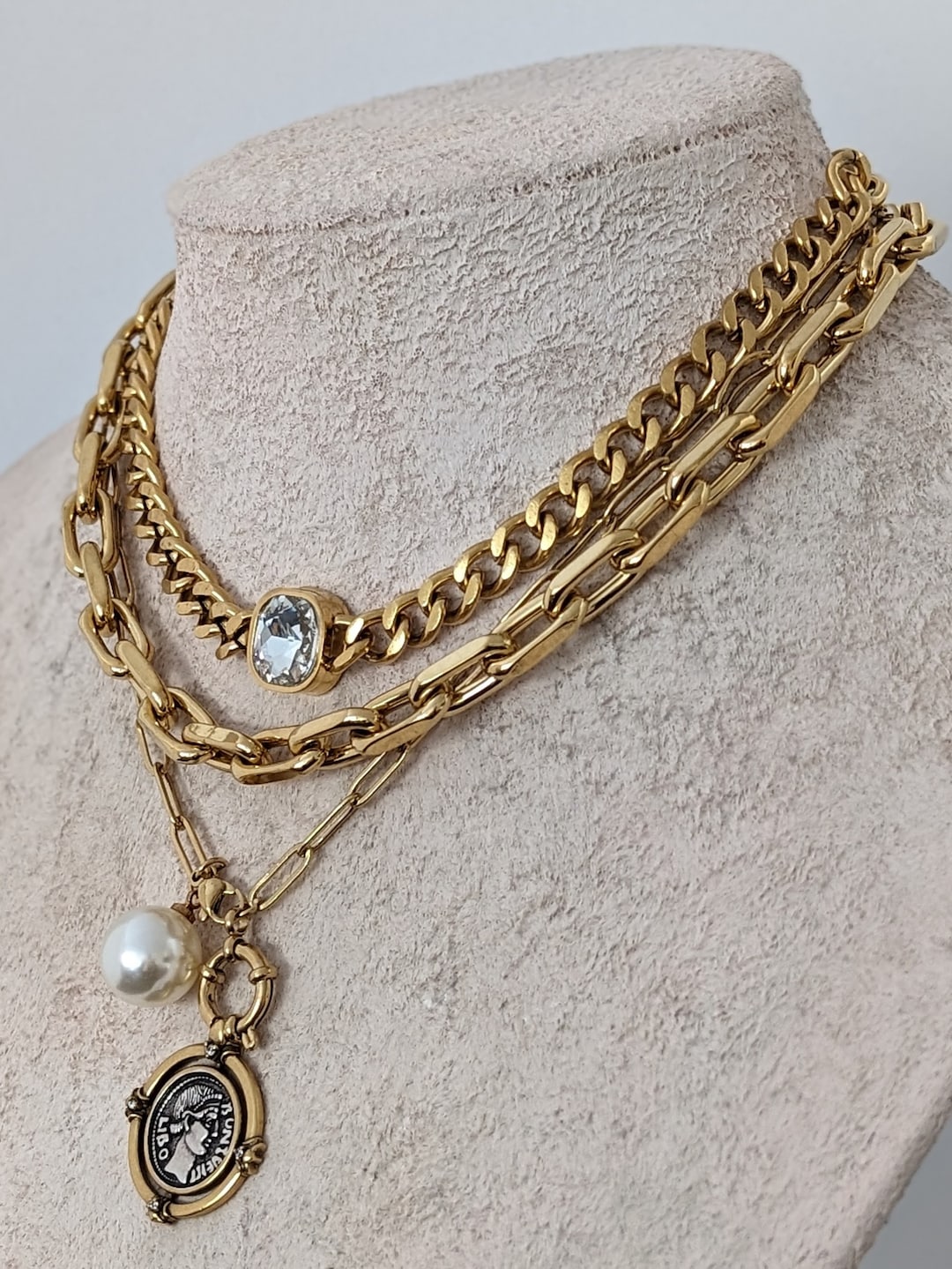 Gold Layered Chain Necklace Set: Medallion, Paperclip, Curb Chain - Etsy