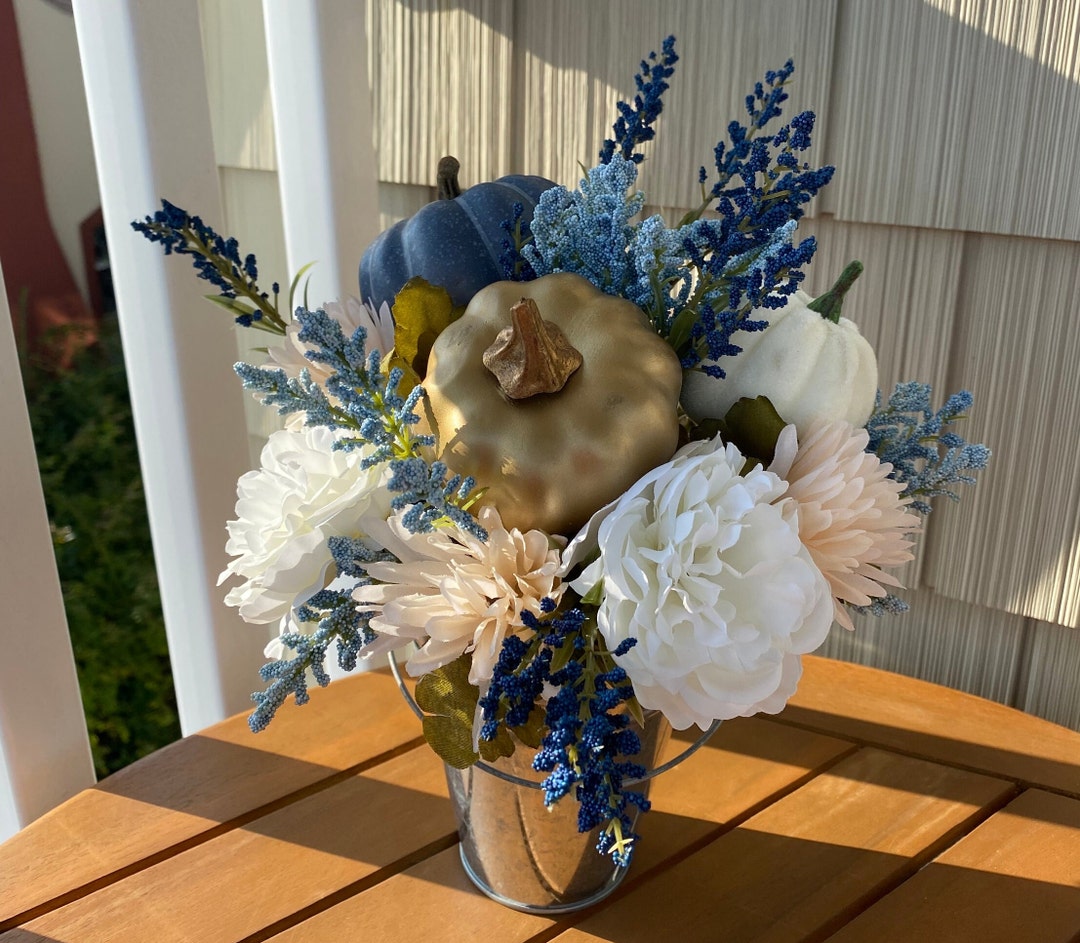 Thanksgiving/fall Blue and White Centerpiece, Small Floral Arrangement ...
