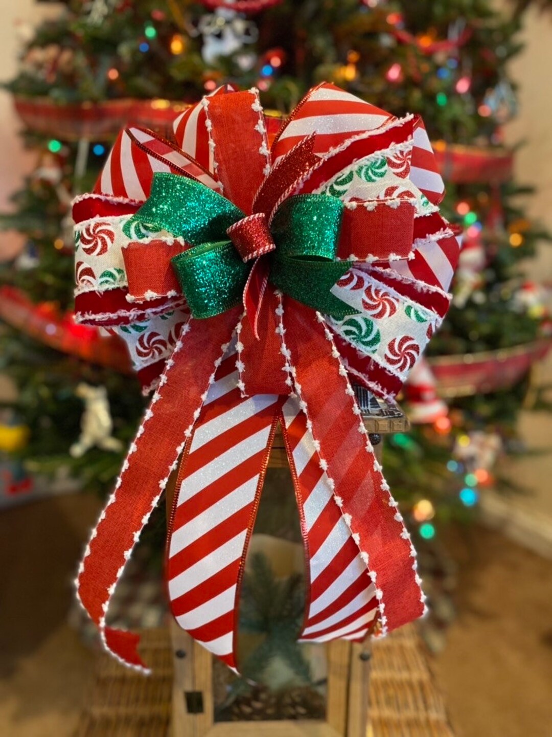 Christmas Tree Topper Candy Cane, Candy Cane Lantern Bow, Large ...