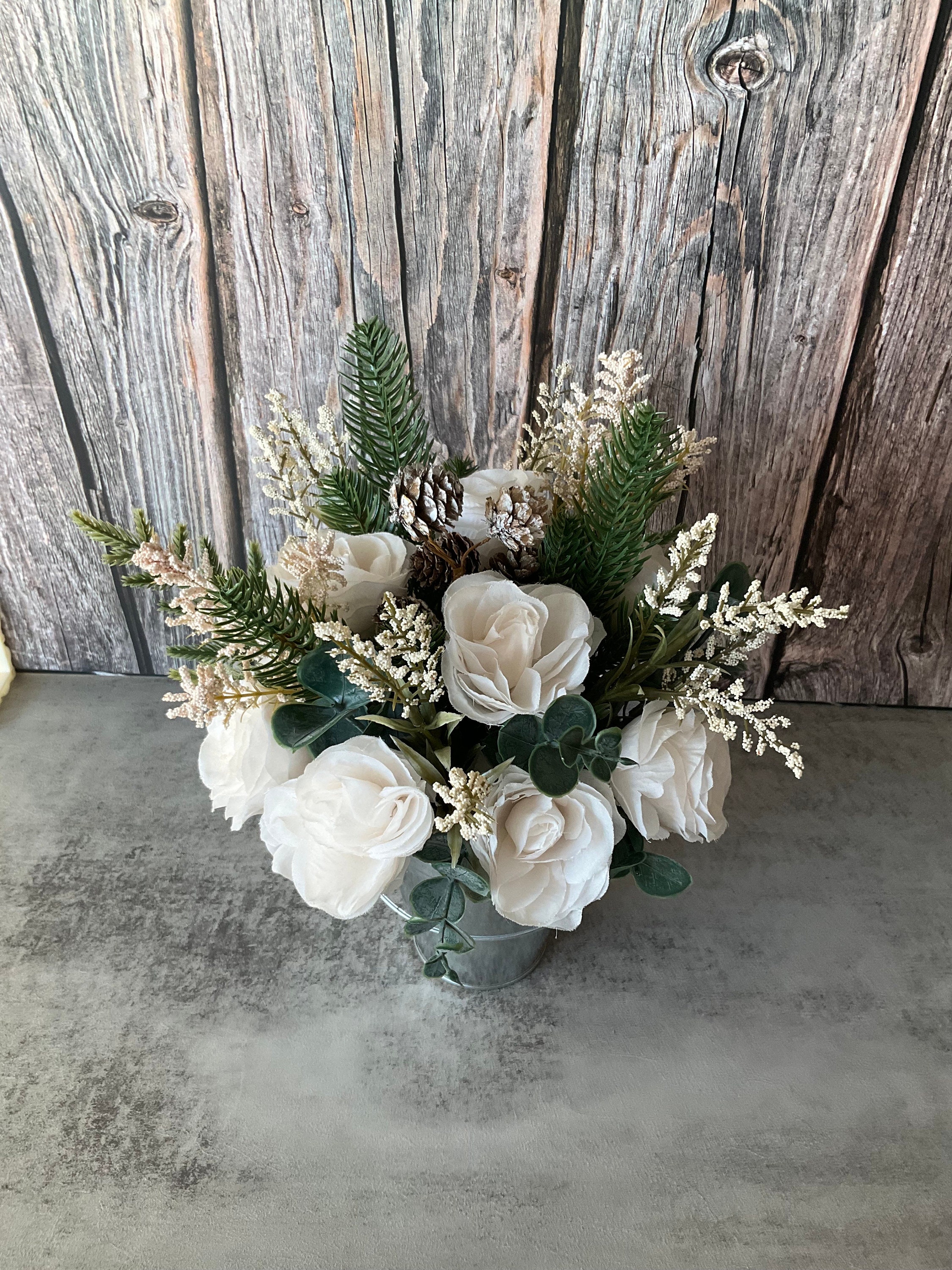 Christmas Arrangement Centerpiece White Rose-pinecone-evergreen-winter ...