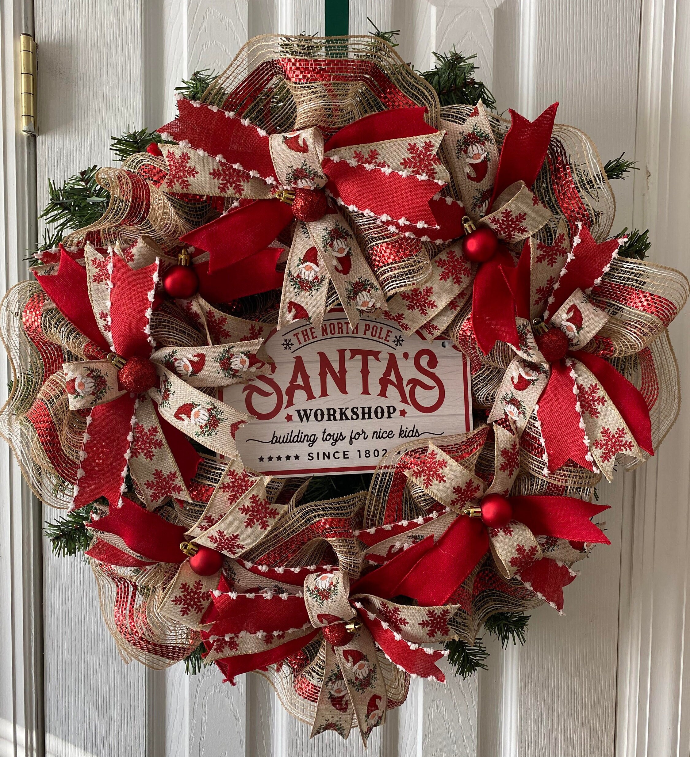 Christmas Wreath, Santa Wreath, Christmas Ribbon Wreath, Red Christmas ...