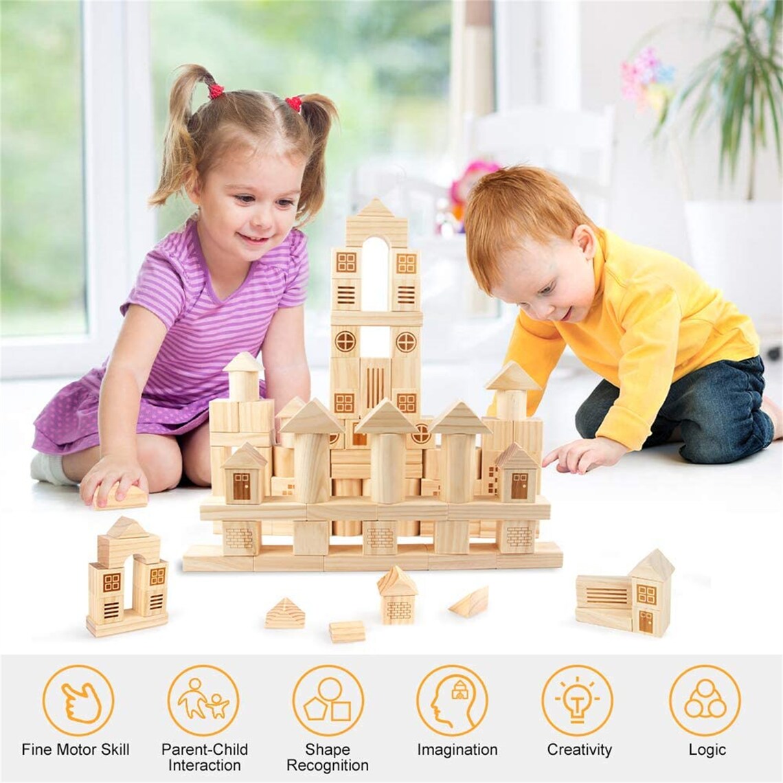 Solid Pine Wooden Building Block Set for Kids 75PCS Stacking | Etsy