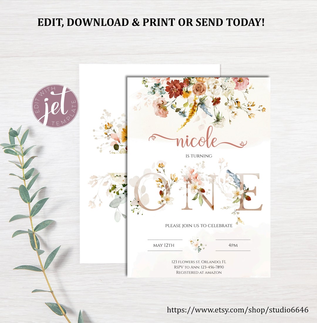 EDITABLE Invitation Pink Floral First Birthday Party Invitation ...