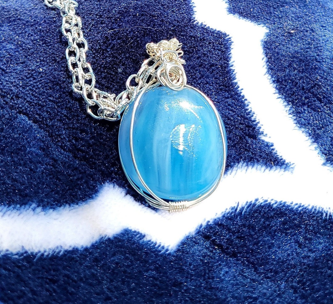 Silver Metal Blue Oval Pendant-blue Glass Oval Necklace-blue Glass Oval ...