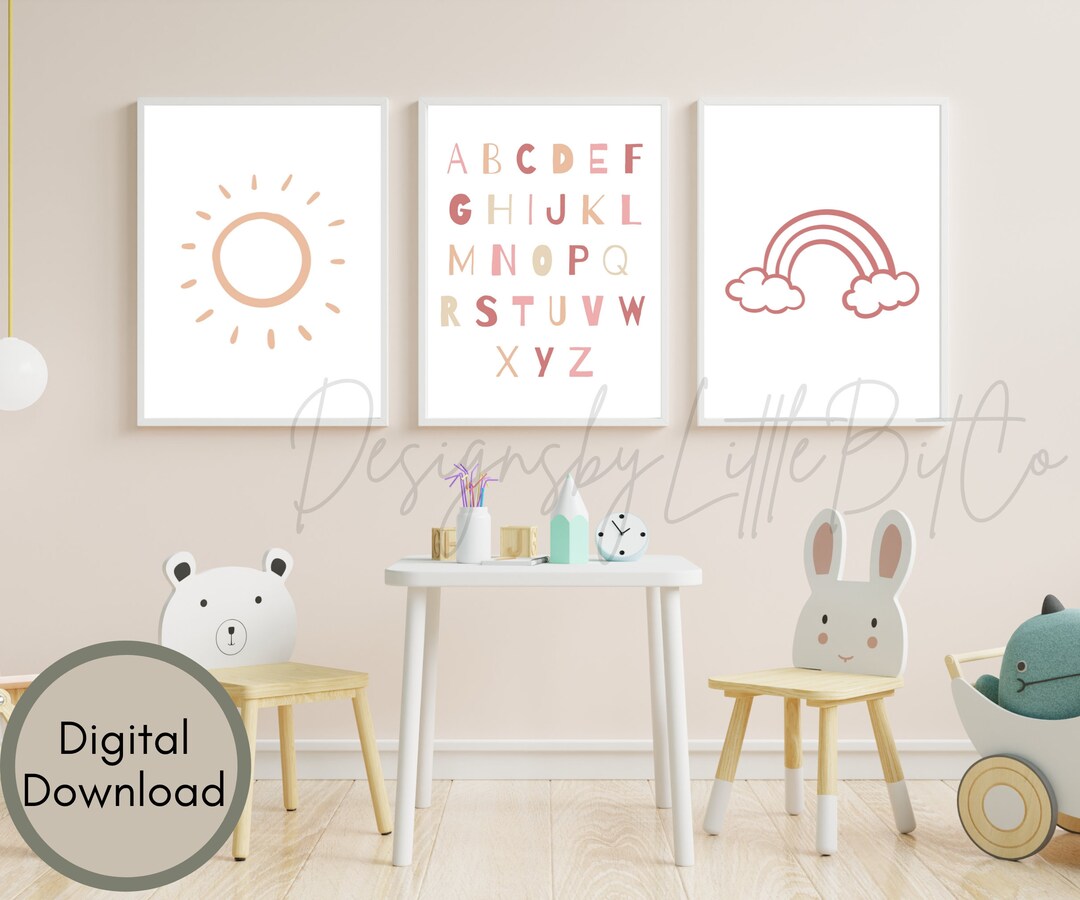Set of 3 Mauve Alphabet Prints, Alphabet, Sun and Stars, Mauve Wall Art ...