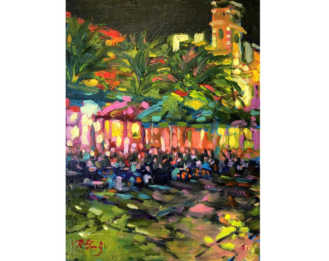 Croatian Coastal Nightlife Oil Painting: Mediterranean Harbor Art (12x9 ...
