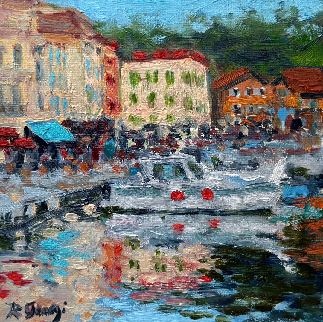 French Riviera Painting Boat Original Art Mediterranean Coastal City ...