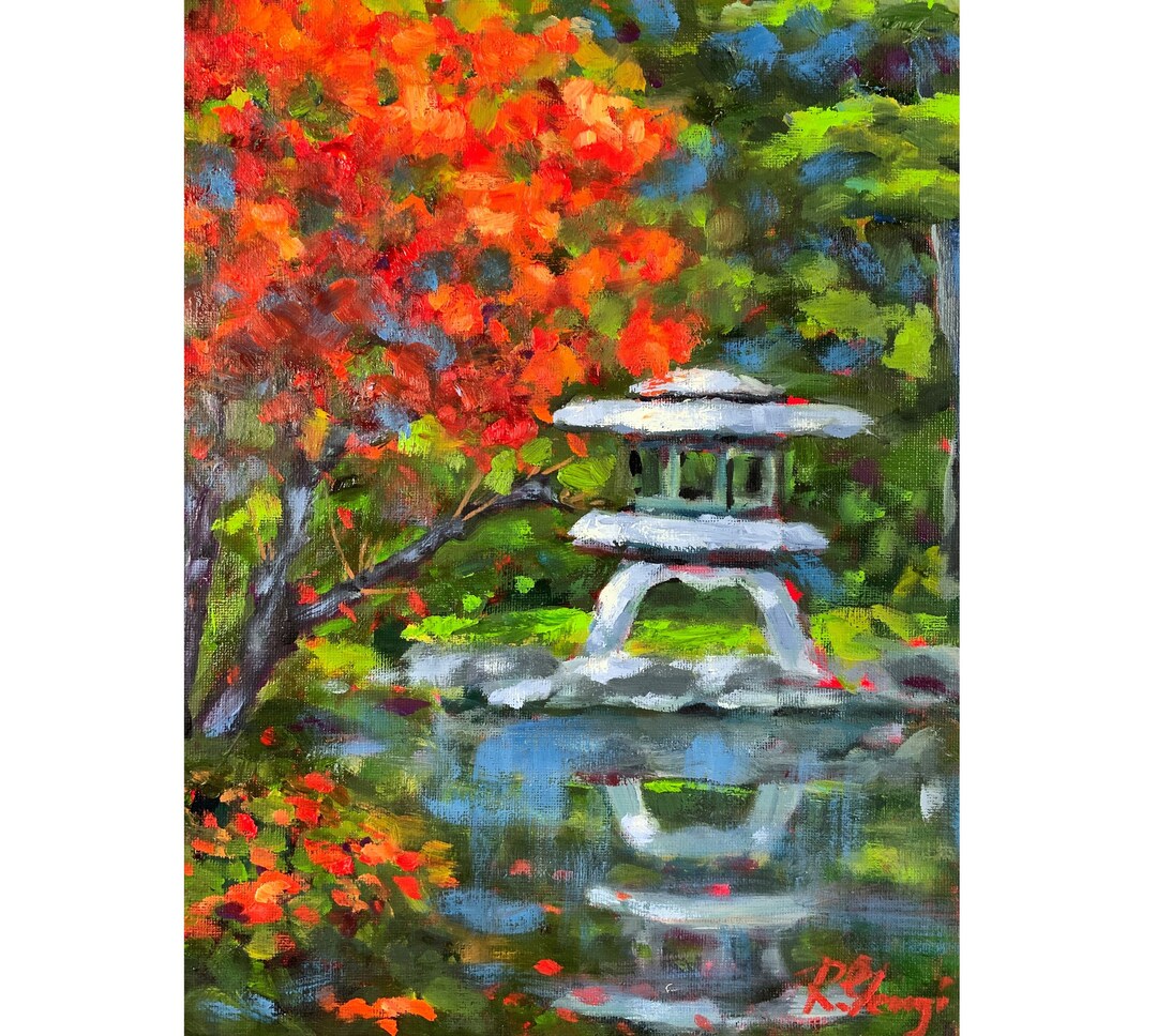 Japanese Zen Garden Painting Landscape Original Artwork Red Maple Tree ...