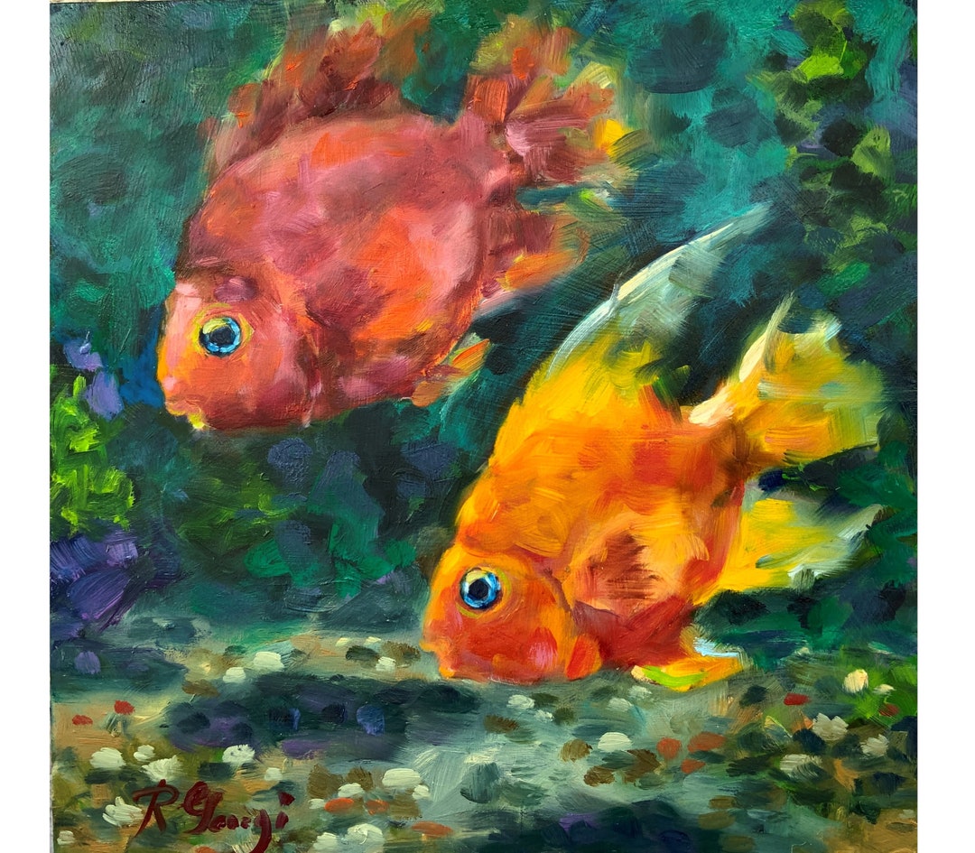 Goldfish Oil Painting: Small Aquatic Art, Impressionist Sea Life (made ...