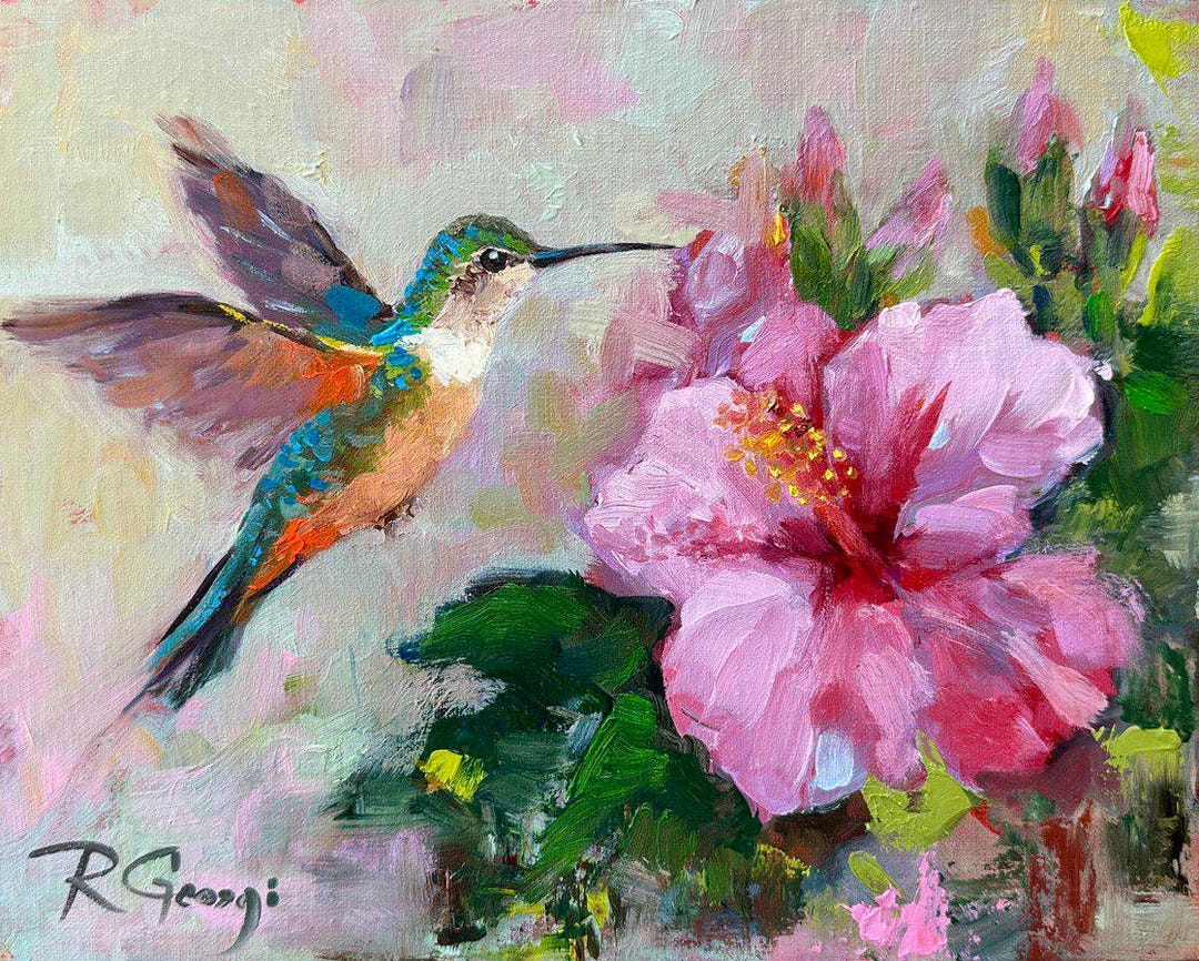 Hummingbird and Hibiscus Oil Painting: Hawaii Impasto Art - Etsy