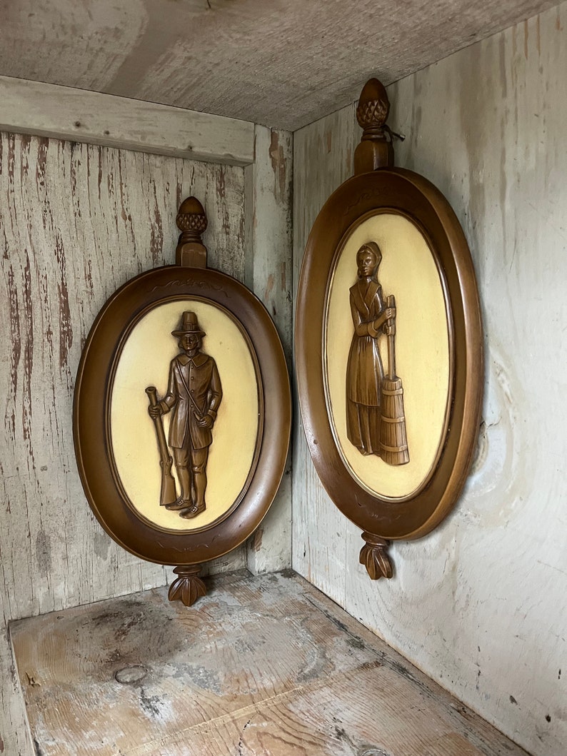 Mid Century Syroco Pilgrim Wall Plaques | USA Thanksgiving Decor - Etsy