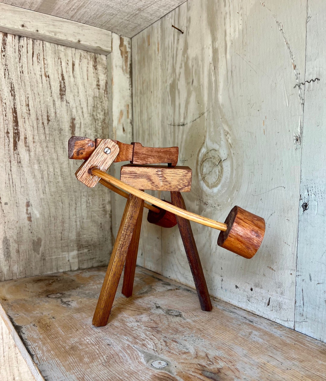 Rare Handmade Wooden Carved Balancing Man Figure Toy Dumbbell / Barbell ...