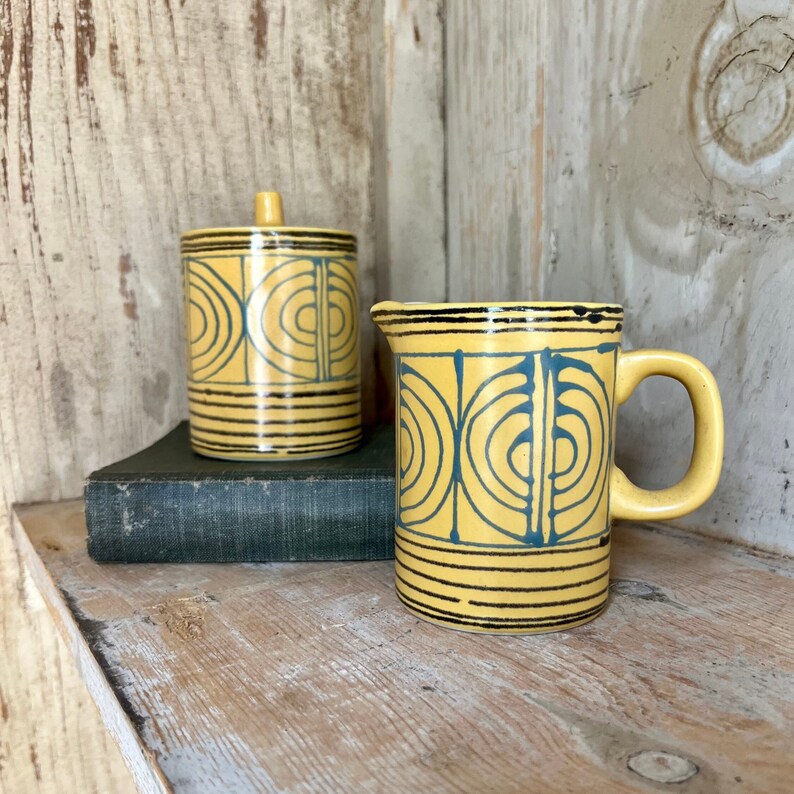 Rare Set MCM Vintage Cream and Sugar Yellow Blue Retro Geometric Design ...