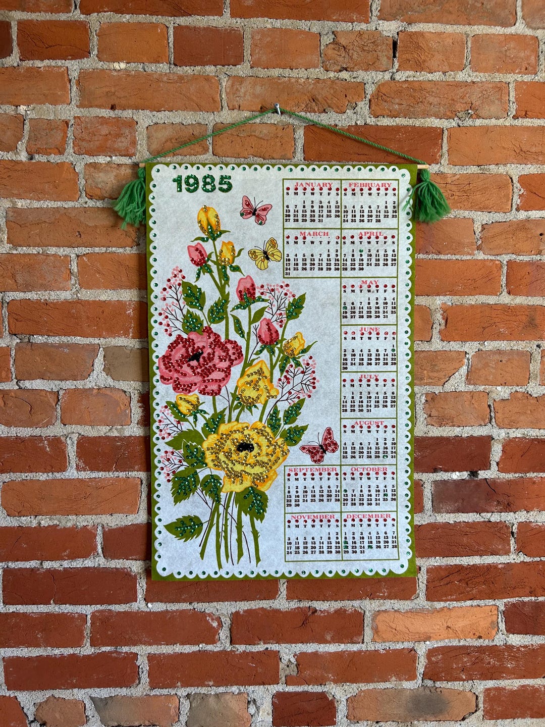 Vintage 1985 Boho Felt Wall Calendar | Hand Embroidered Sequins | Pink ...