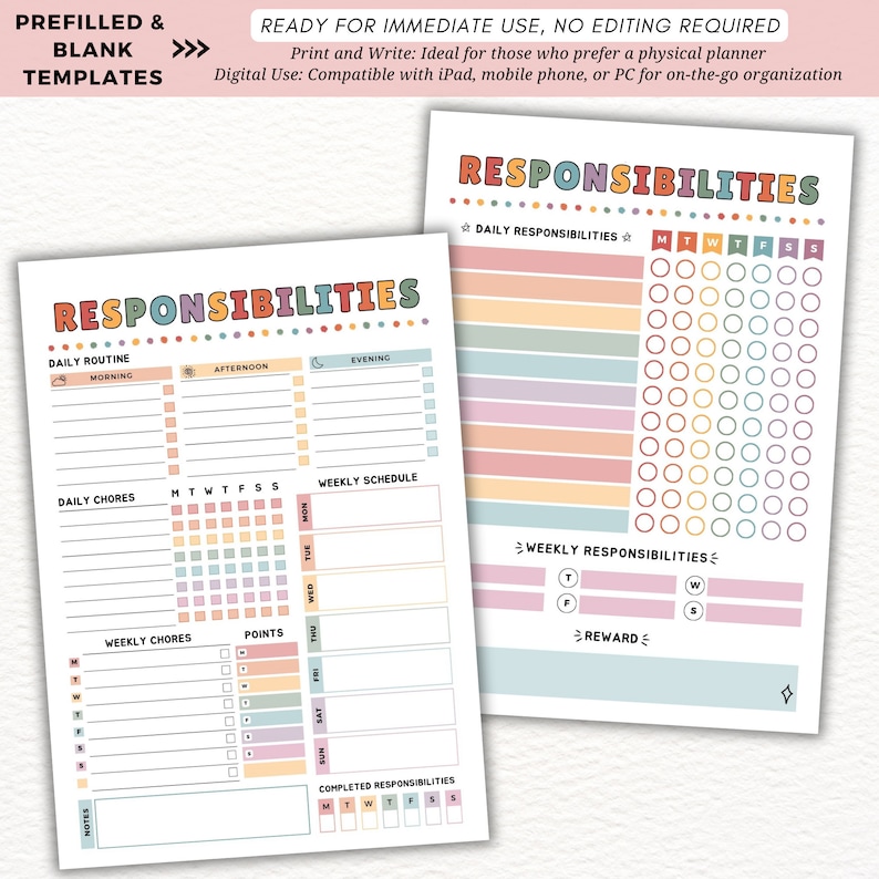 Editable Responsibility Chart for Kids,printable Responsibilities Chart ...