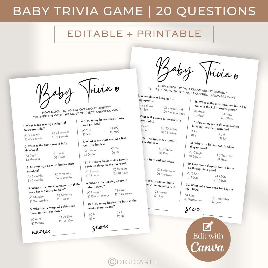 Baby Shower Trivia Cute Games Printable,editable Baby Shower Activity ...