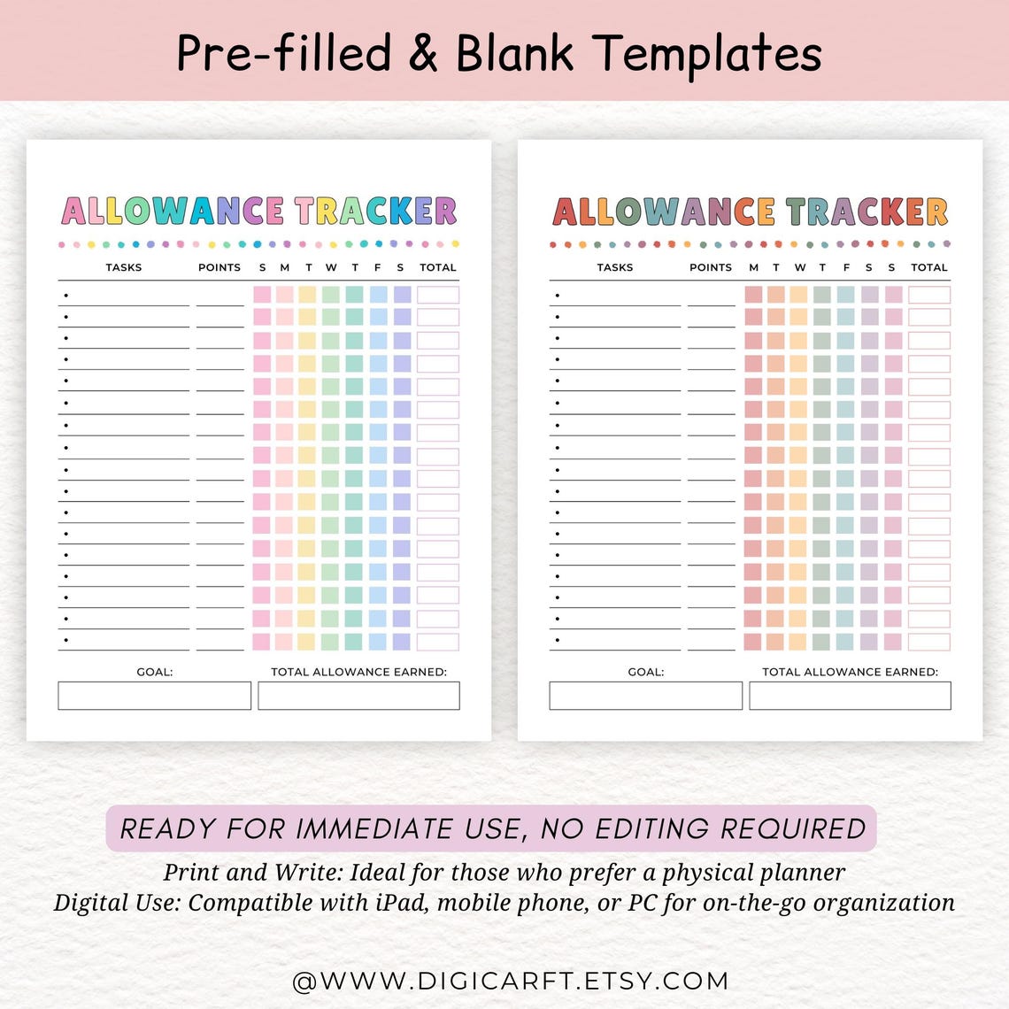 Editable Allowance Tracker for Kids,printable Allowance Chore Chart ...