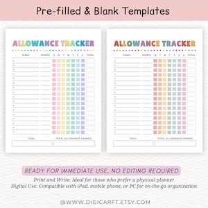Editable Allowance Tracker for Kids,printable Allowance Chore Chart ...