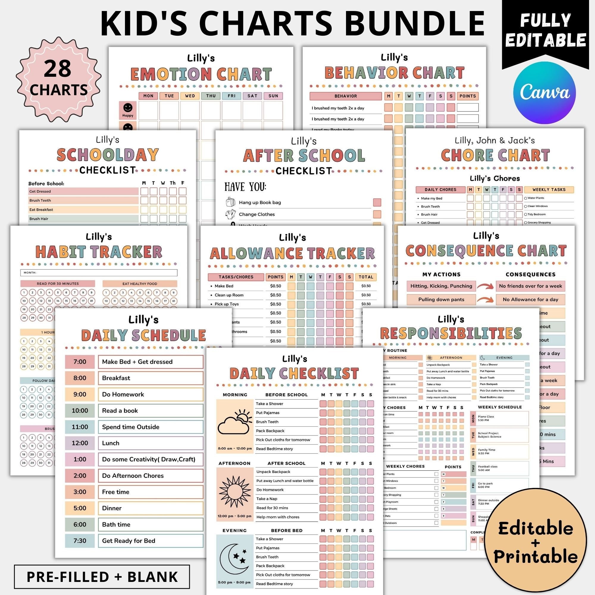 Editable Kids Chore Chart Bundle,kids Daily Checklist Canva,editable ...