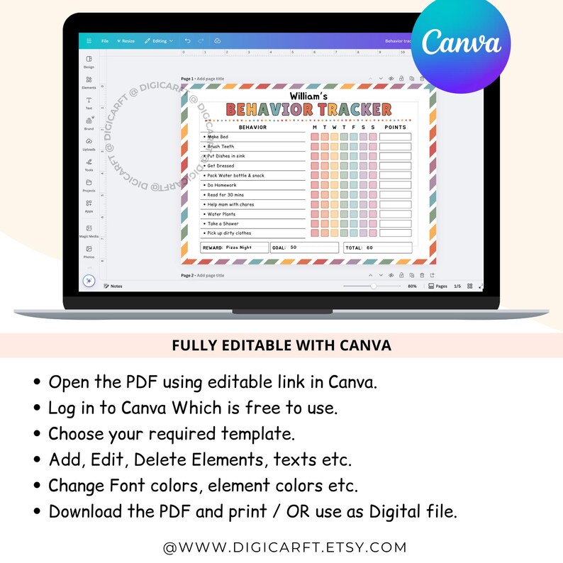 Editable Kids Behavior Chart: Reward Tracker, Chore Chart (digital ...