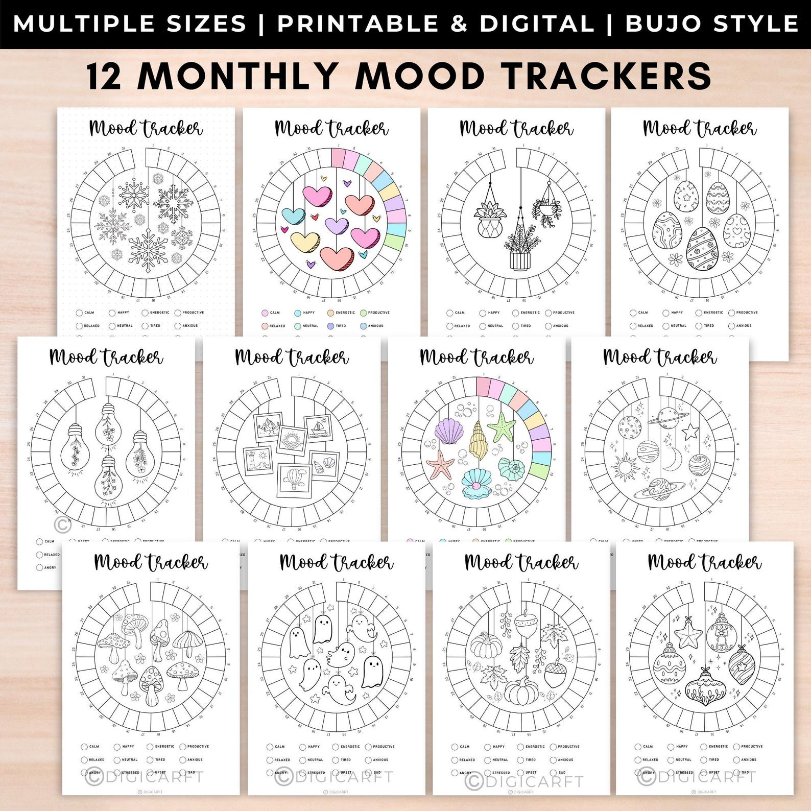 12 Monthly Mood Tracker Digicarft 2025,mood Habit Tracker in Circle ...