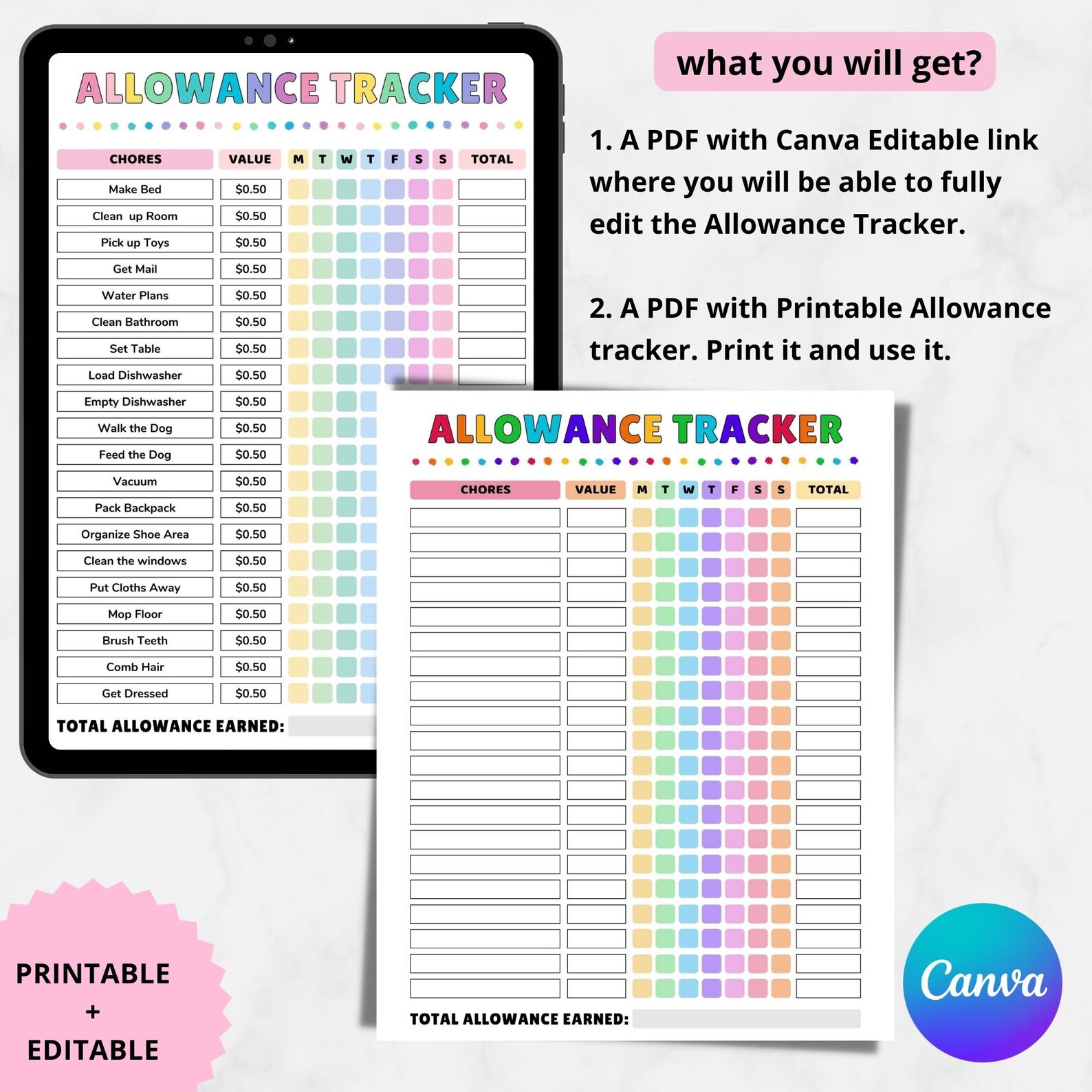 Editable Allowance Tracker for Kidsprintable Allowance Chore - Etsy