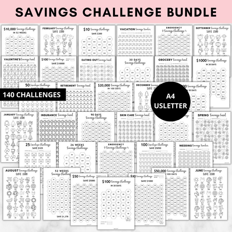 140 Savings Challenge Bundle Printable,savings Tracker Binder,10k,20k ...