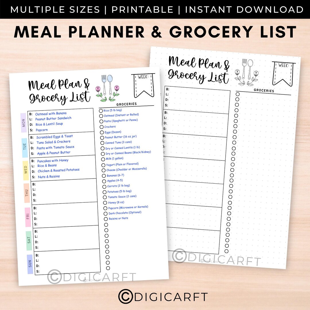 Weekly Meal Planner With Grocery List Printable,meal Journal Page ...